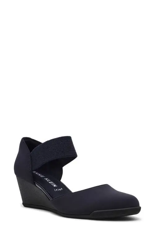 Anne Klein Ankle Strap Wedge Pumps - Navy Stretch