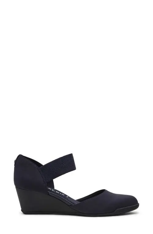 Anne Klein Ankle Strap Wedge Pumps - Navy Stretch