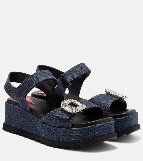 ROGER VIVIER Embellished Denim Wedge Sandals - Blue