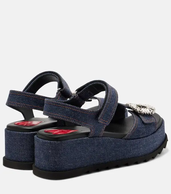 ROGER VIVIER Embellished Denim Wedge Sandals