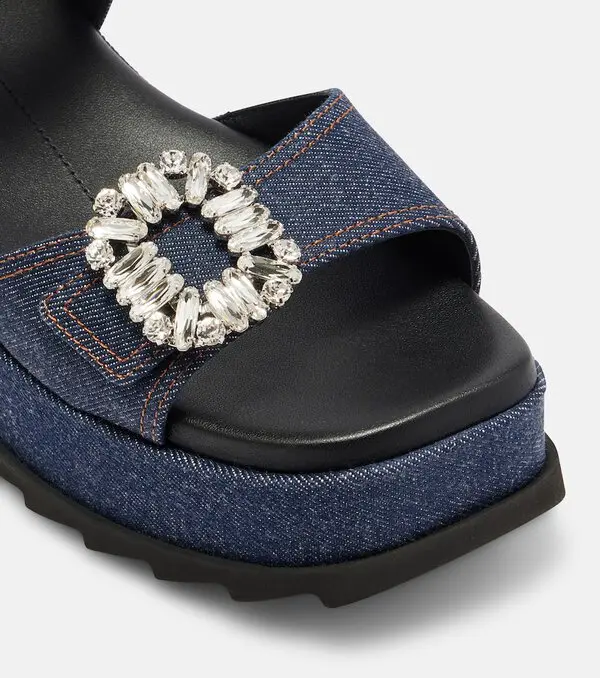 ROGER VIVIER Embellished Denim Wedge Sandals