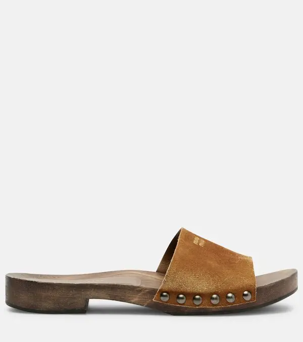 Miu Miu Logo Suede Mules - Brown