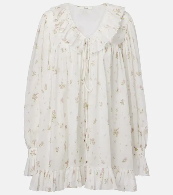Chloé Printed Ruffled Cotton Minidress - White