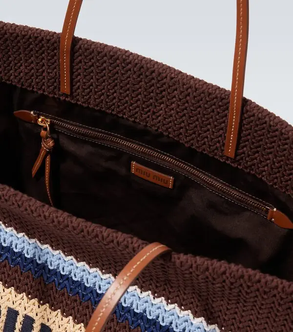 Miu Miu Logo Striped Raffia-effect Shopper