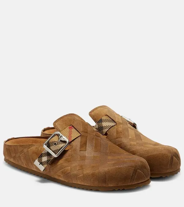 Burberry Checked Suede Clogs - Brown
