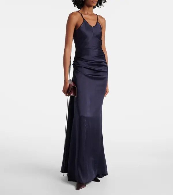 Victoria Beckham Lace-trimmed Satin Maxi Dress - Blue