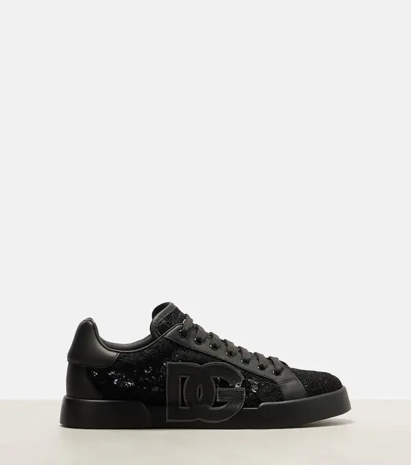 Dolce & Gabbana Portofino Lace-trimmed Leather Sneakers