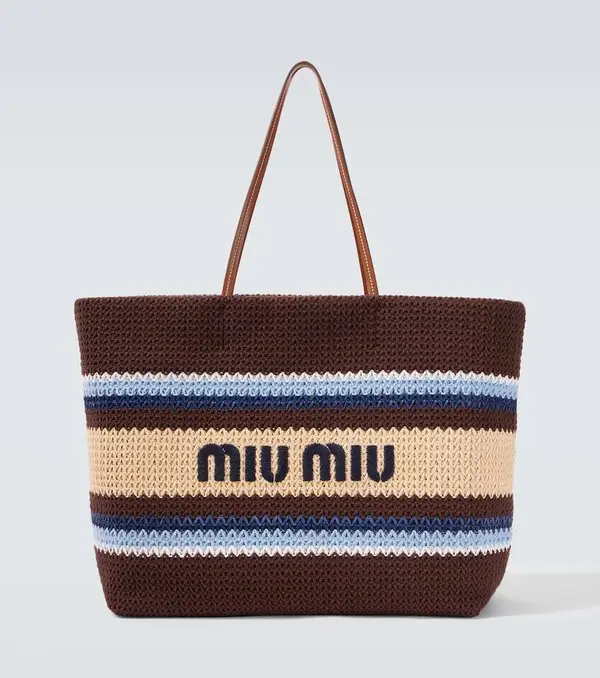 Miu Miu Logo Striped Raffia-effect Shopper