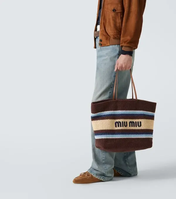 Miu Miu Logo Striped Raffia-effect Shopper