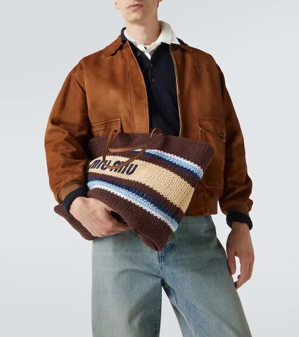 Miu Miu Logo Striped Raffia-effect Shopper