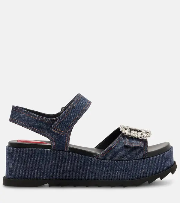 ROGER VIVIER Embellished Denim Wedge Sandals