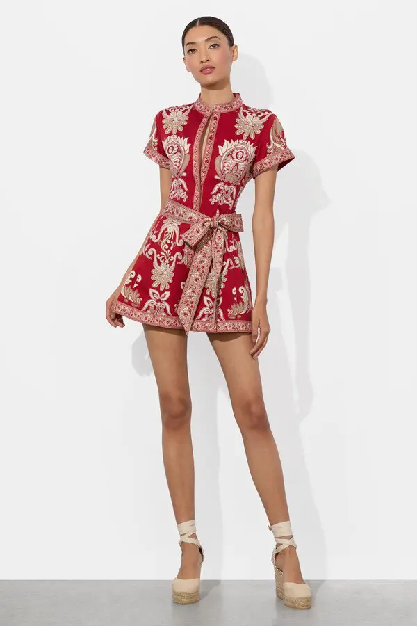 Alice + Olivia Printed Mini Romper With Tie Waist