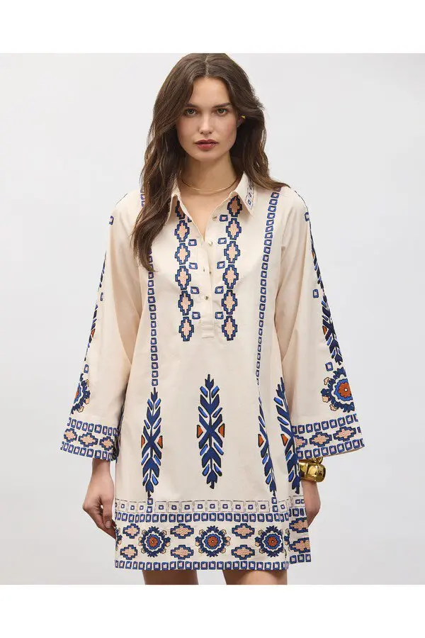 beige tunic dress Umgee Embroidered Contrast Trim Tunic Dress LATTE / S main image 0