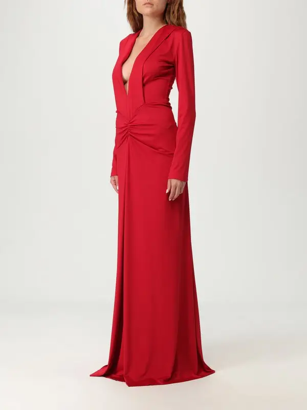 Floor Length Red Dress Victoria Beckham Long Sleeve Plunge Neck Gown Red