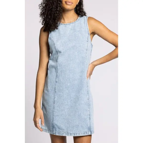 THREAD & SUPPLY Dahlia Sleeveless Denim Shift Dress - Washed Indigo Stripe