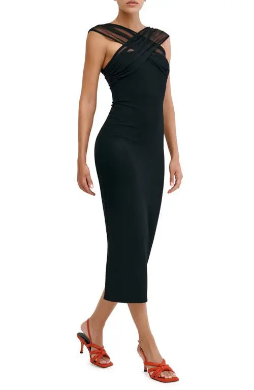 MARCELLA Waldorf Mesh Cross Neck Midi Dress