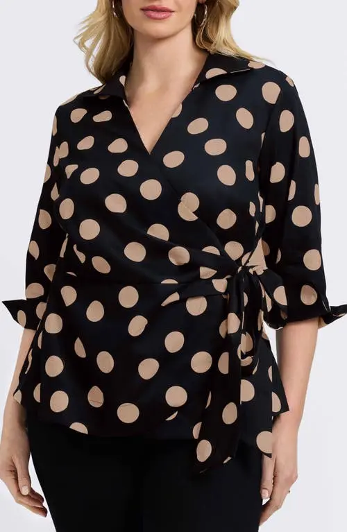 Foxcroft Salina Polka Dot Cotton Wrap Top - Black/ Almond