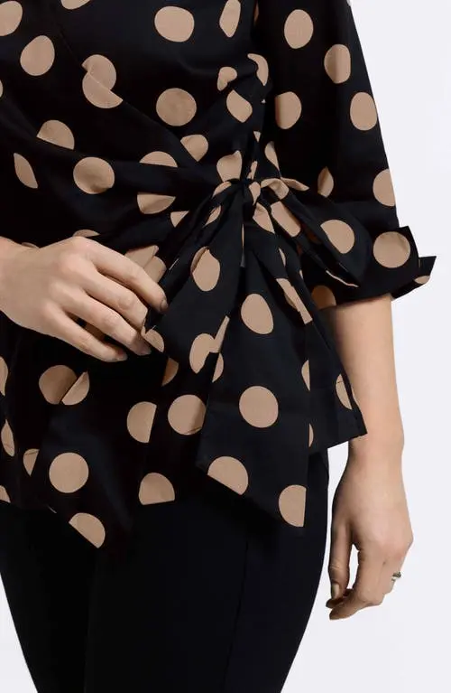Foxcroft Salina Polka Dot Cotton Wrap Top - Black/ Almond