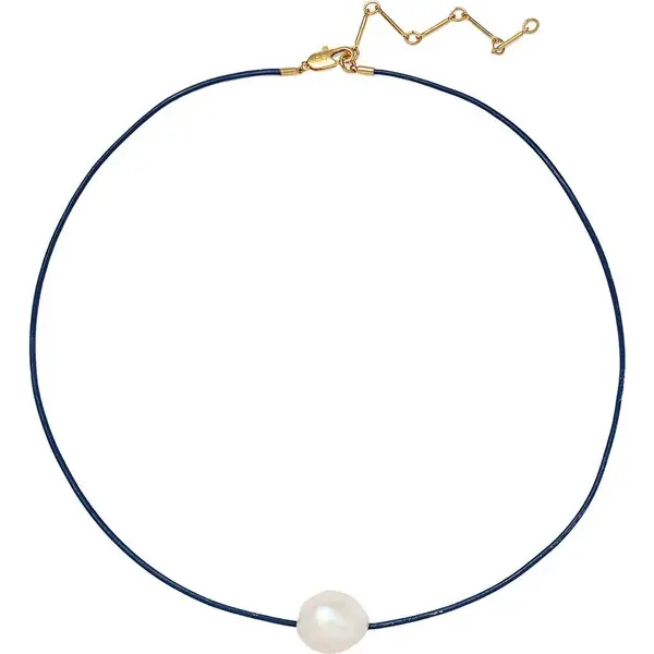 Lady Grey Freshwater Pearl And Leather Cord Necklace - Gold/ Blue