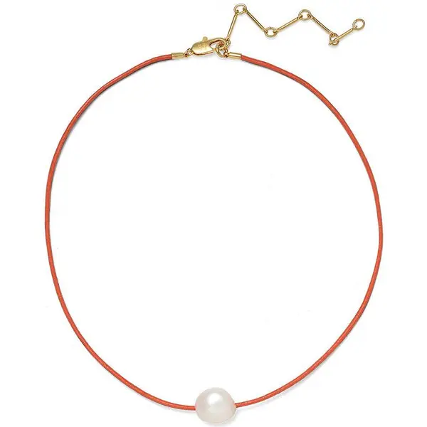 Lady Grey Freshwater Pearl And Leather Cord Necklace - Gold/ Orange