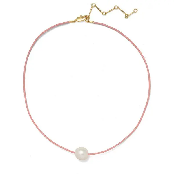 Lady Grey Freshwater Pearl And Leather Cord Necklace - Gold/ Pink