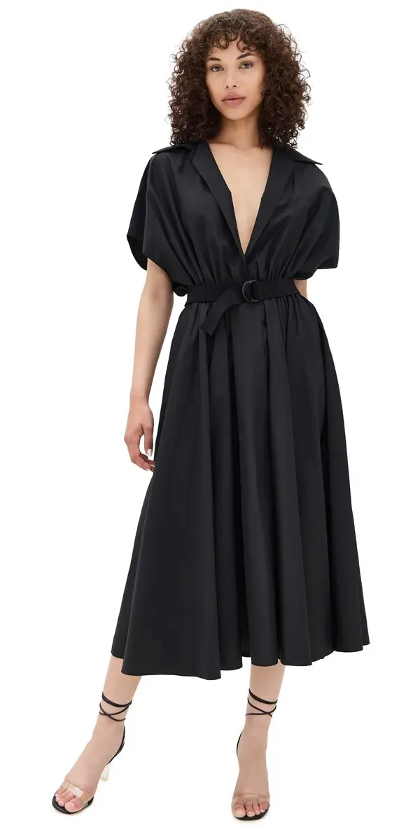 Norma Kamali Belted Flared Midi Shirt Dress