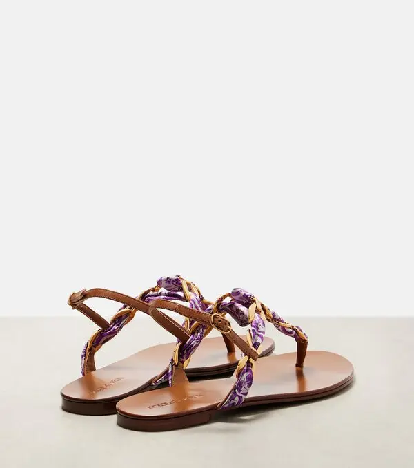 Dolce & Gabbana Majolica Leather-trimmed Satin Thong Sandals