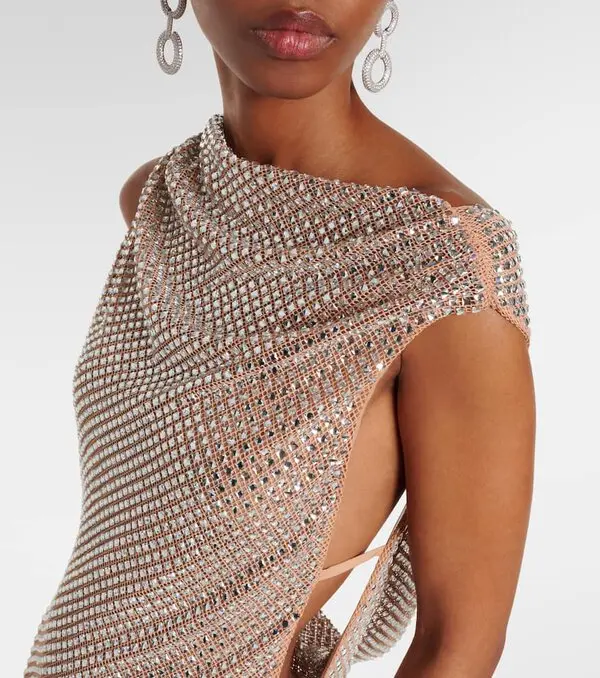 SELF-PORTRAIT Rhinestone Draped Maxi Dress - Silver