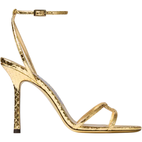 JIMMY CHOO Leo 100 Gold Candy Wrap Leather Sandals - Silver