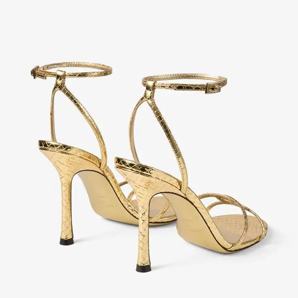 JIMMY CHOO Leo 100 Gold Candy Wrap Leather Sandals - Silver
