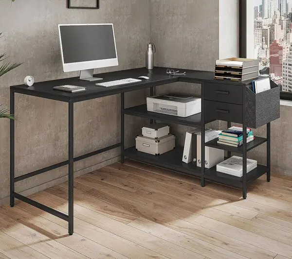 TECHNI MOBILI Modern L-shaped Desk W/ Storage S Helve & Drawer - One-color