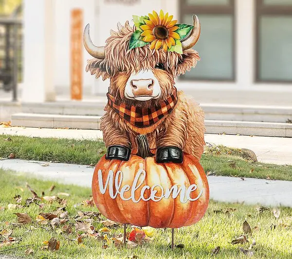 GLITZHOME 30'h Fall Harvest Highland Cow Welcom E Garden Stake - One-color