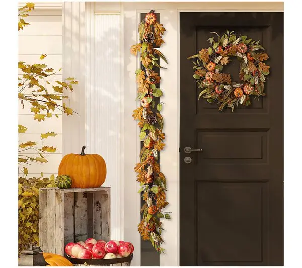 GLITZHOME 72l Fall Harvest Pumpkin Leaf Floralgarland - One-color