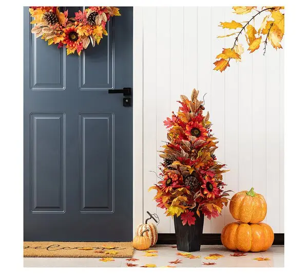 GLITZHOME 36'h Fall Harvest Sunflower Berry Lea F Porch Tree - One-color