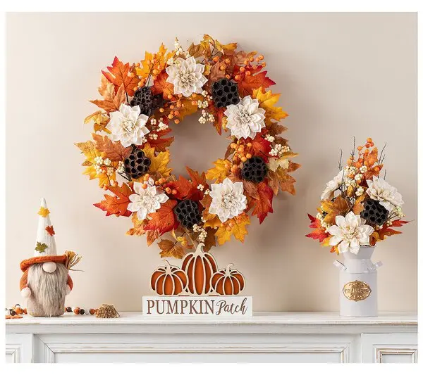 GLITZHOME 24'd Fall Harvest Lotus, Lotus Pod An D Berry Wreath - One-color