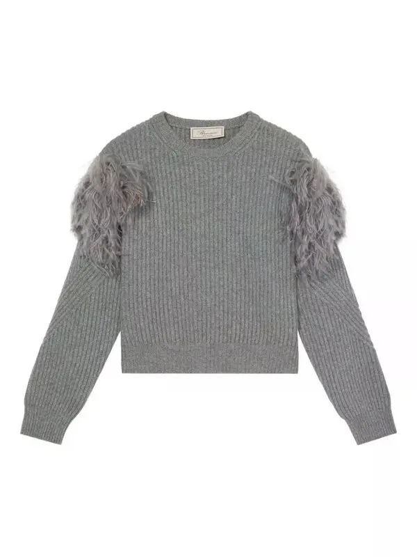 Blumarine Feather-embellished Ribbed Knit Sweater - Grey