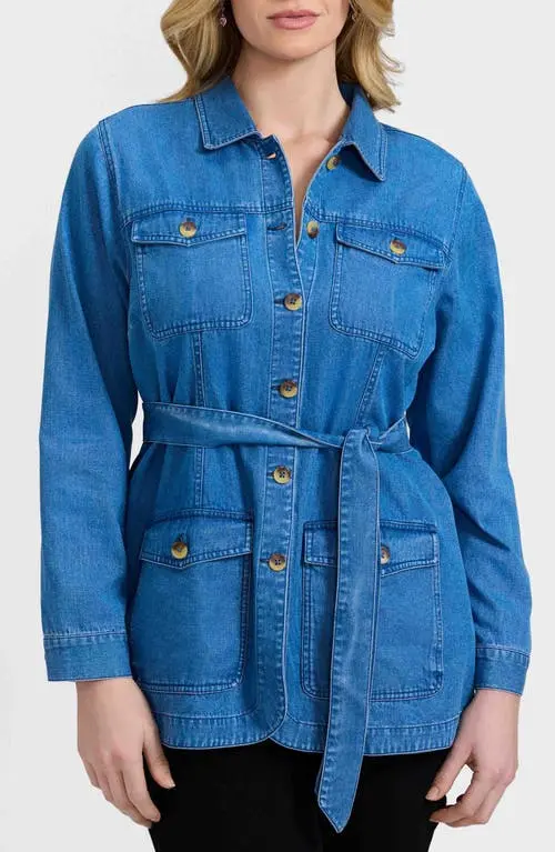 Foxcroft Stella Belted Denim Utility Jacket - Medium Wash
