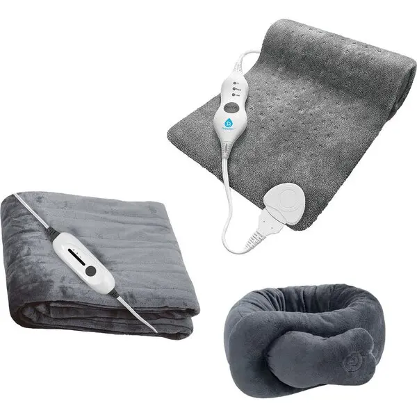 PURSONIC Total Warmth & Comfort Bundleincludes Electric Soft Microplush Heated Blanket Throw - Grey