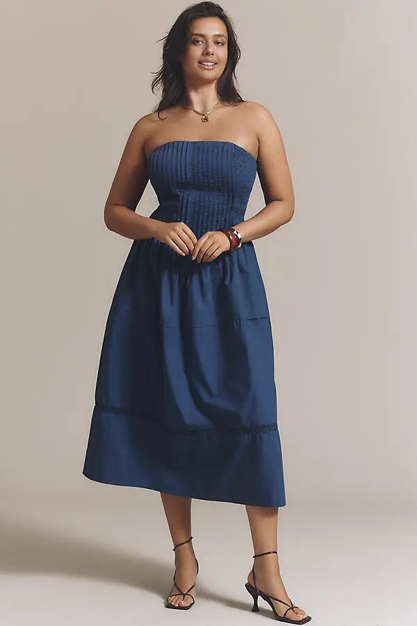 white christmas dresses Gathered in Grace Blue Floral Cotton Strapless Midi Dress