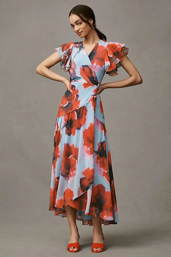 light blue v neck maxi dress Sail to Sable Stone BLUE V-Neck Flutter Sleeve Maxi Dress with Ric-Rac BLUE Stone / XXL / F25124
