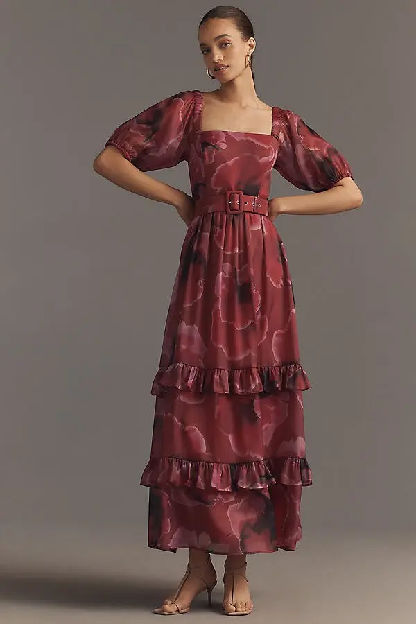 HUTCH Puff-sleeve Square-neck Belted Tiered Ruffled Maxi Dress - Fuchsia Exploded Floral