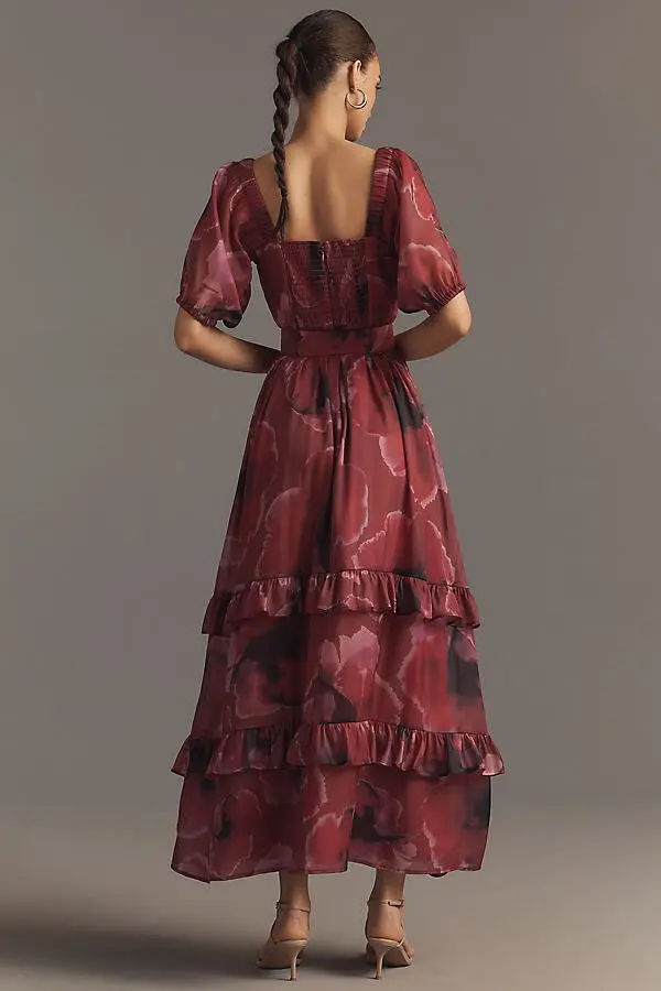 HUTCH Puff-sleeve Square-neck Belted Tiered Ruffled Maxi Dress