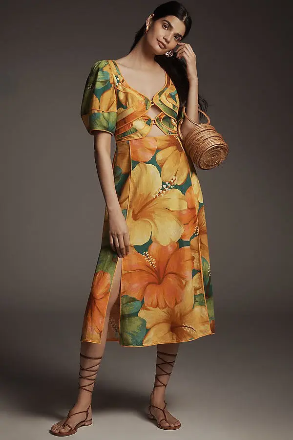 Farm Rio Printed Linen Blend Cutout Midi Dress In Tropical Cocktail - 68%  Off | Editorialist