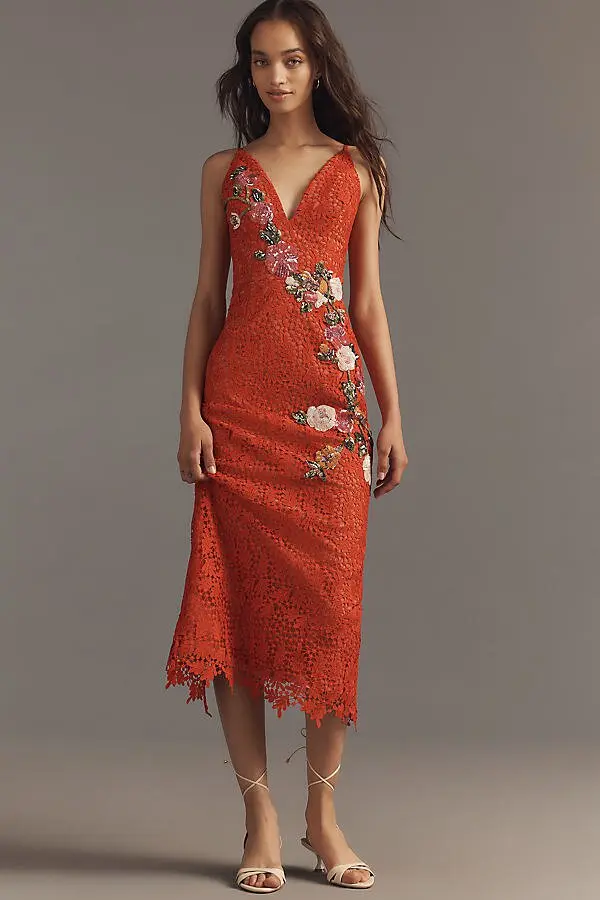HELSI Marte Sleeveless 3d Floral Sequin Lace Midi Dress - Poppy