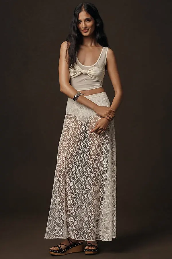 LYREBIRD Knot-front Mesh Crop Tank Top - White