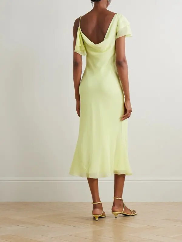 Self-Portrait Asymmetric Ruffled Draped Georgette Midi Dress In Yellow -  30% Off | Editorialist