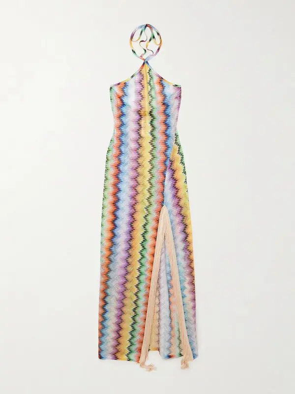 Missoni Fringed Striped Crochet-knit Halterneck Maxi Dress - Multi
