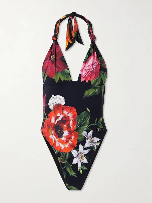 Dolce & Gabbana Floral-print Halterneck Swimsuit - Black