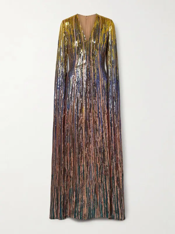 Elie Saab Cape-effect Sequined Tulle Gown