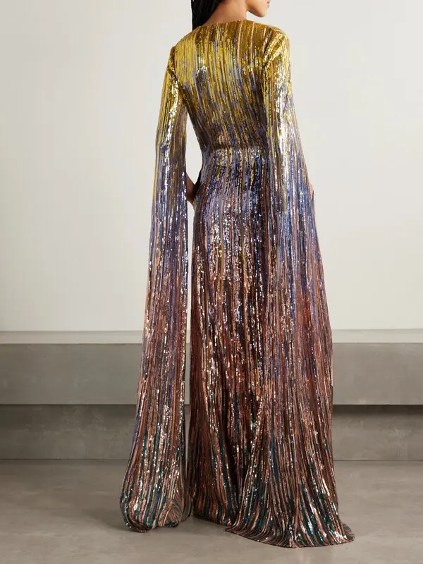 Elie Saab Cape-effect Sequined Tulle Gown